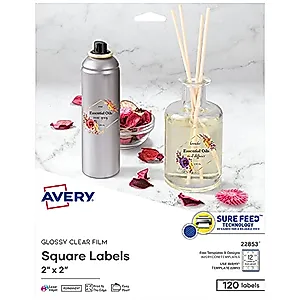 Avery Printable Blank Square Labels, 2" x 2", Glossy Crystal Clear, 120 Customizable Labels (22853)