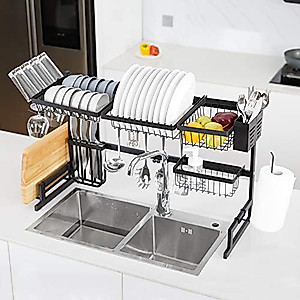 Befano Over The Sink Dish Drying Rack Adjustable (33.5-42.5" Inch), 2 Tier Large Stainless Steel Dish Drainer for Countertop, Kitchen Storage Organizer with 5 Utility Hooks and Paper Holder -Black