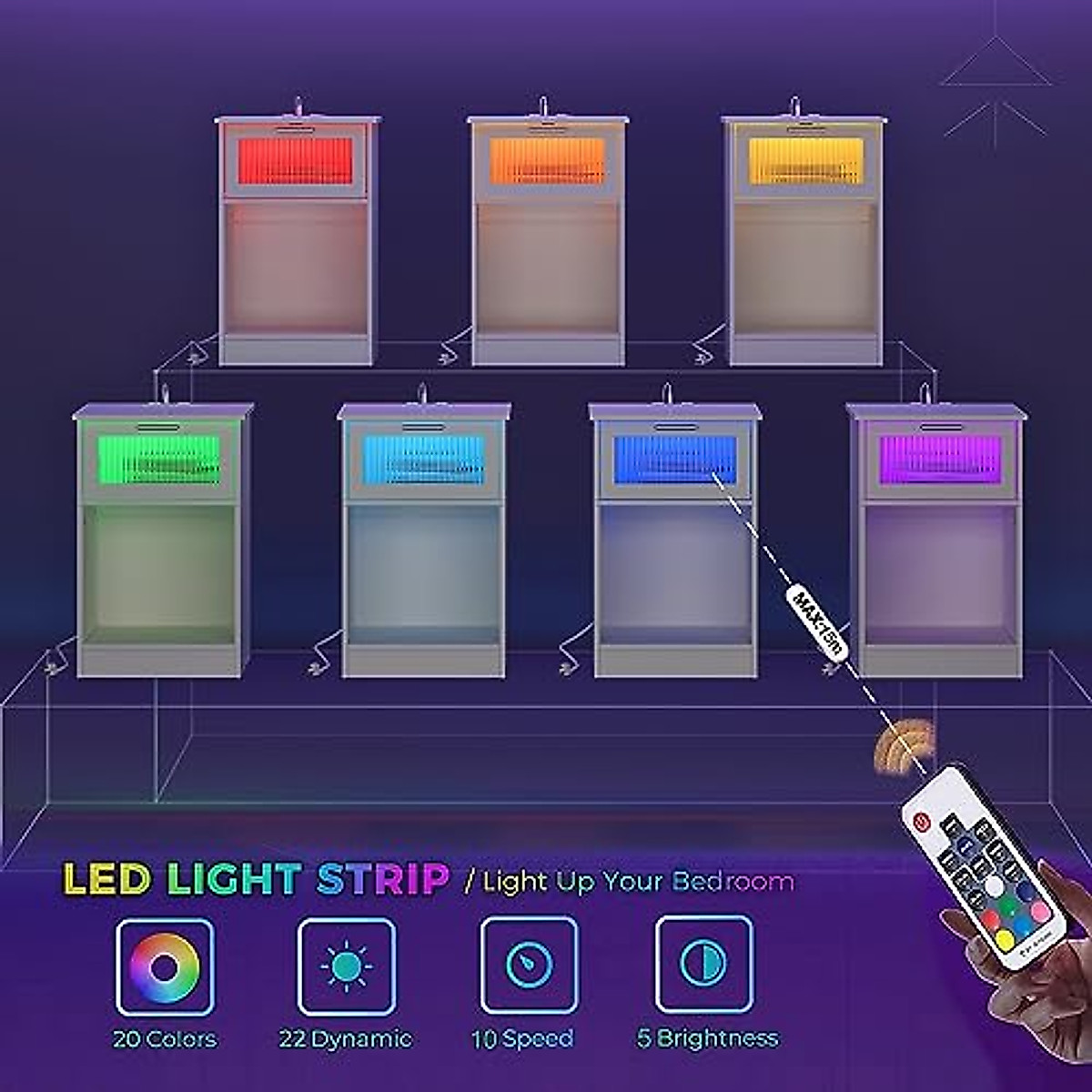 Nightstand with Charging Station and LED Light, Modern Bedside Table, Side End Table with Storage Compartment and Glass Door for Bedroom, Living Room -White