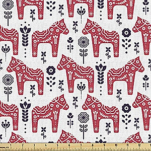 Ambesonne Ethnic Fabric by The Yard, Folk Inspired Swedish Dala Horse with Floral Ornaments Folklore Art, Decorative Fabric for Upholstery and Home Accents, 1 Yard, Coral Indigo