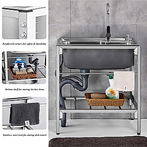 Single Bowl Stainless Steel Sink Free Standing Commercial Restaurant Kitchen Sink with Faucet Utility Washing Hand Basin Laundry Tub for Indoor Outdoor, 28x18.5x29.5inch