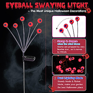DooYard Halloween Decorations Outdoor, 2 Pack Solar Swaying Eyeball Lights, Swaying by Wind, Solar Pathway Lights, Halloween Decor with 2 Lighting Modes, Halloween Stake Lights for Garden Yard(Red)
