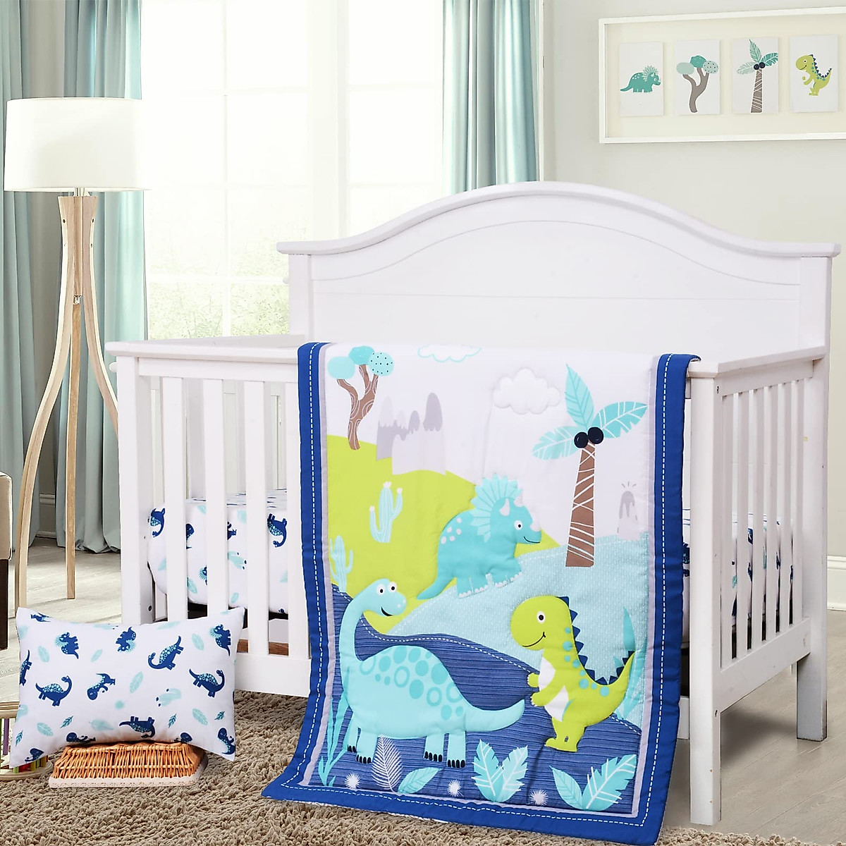 JISEN 3 Piece Crib Bedding Set Crib Quilt Crib Sheet Pillowcase - Soft Microfiber Printed Dinosaur Nursery Set for Baby Boys or Girls