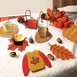 8Pcs Fall Diamond Art Painting Coasters Thanksgiving Diamond Art Coasters Kits with Holder Pumpkin Maple Leaf Turkey DIY 5D Diamonds Coasters for Autumn Harvest Party Adults Kids Beginners Craft
