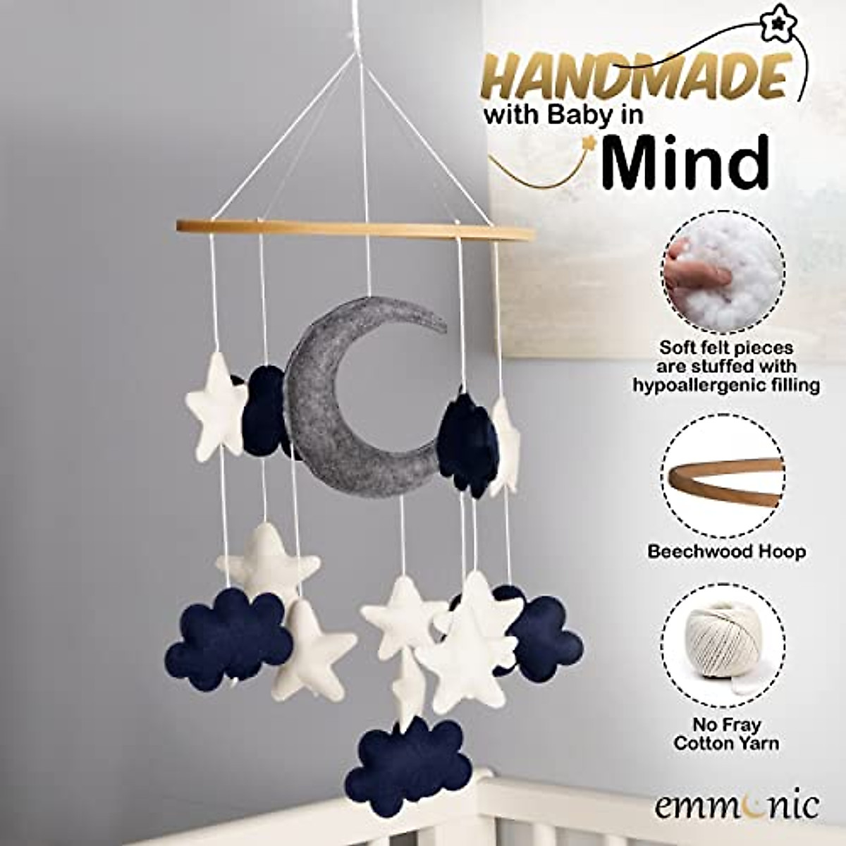 EMMNNIC Baby Mobile for Crib - Modern Boho Baby Mobile - Felt Nursery Mobile for Boy - White Stars - Navy Blue Clouds and Moon.