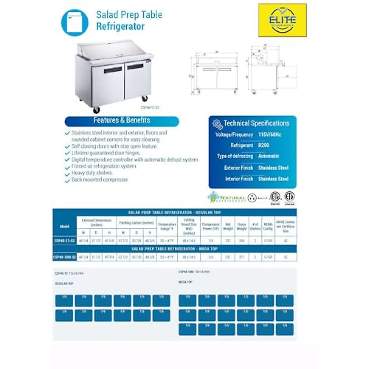 Elite Kitchen Supply Commercial Sandwich Prep Table Refrigerator, ETL NSF Salad Pizza Fridge Cooler, 48" W 11.47 cu.ft. Fan Cooling, Salad Bar with Cut Board for Buffet Restaurant, Bar, Shop