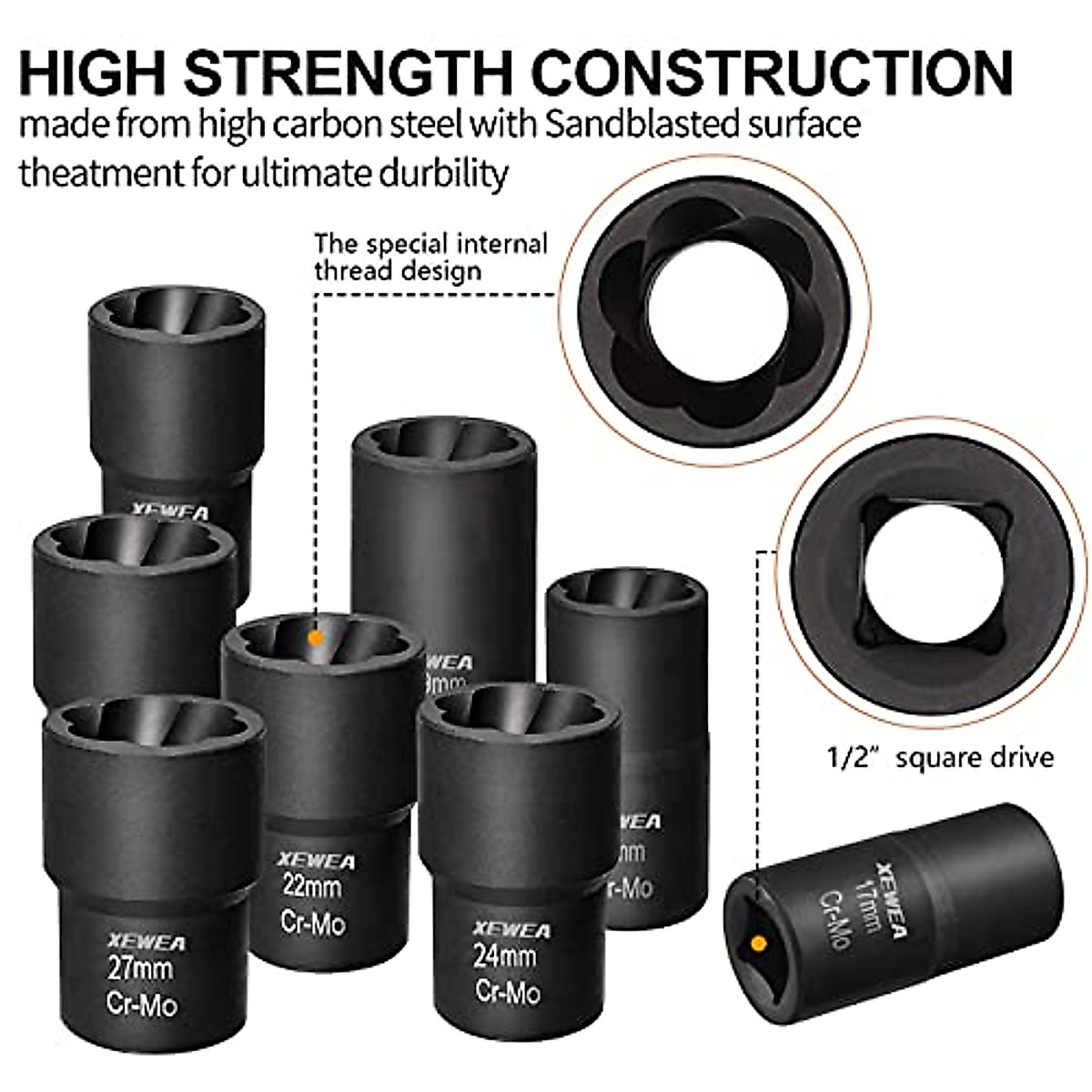 XEWEA 9PCS Bolt Nut Extractor Set, 1/2" Drive Impact Lug Nut Remover Socket Tool, Wheel Lock Removal Kit, Easy Out Extractor Set for Damaged, Frozen, Rusted, Rounded-Off Bolts Nuts & Screws