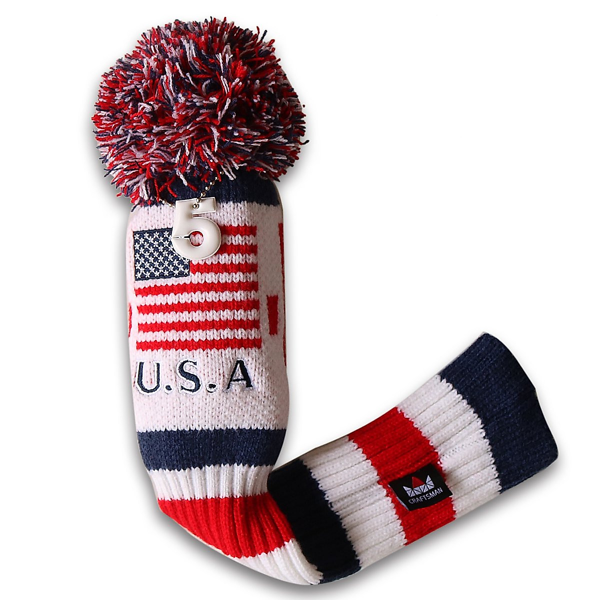 Craftsman Golf US Flag Knit Pom Pom White Blue Red Driver,Fairway Wood, Hybrid Head Cover Headcover for Callaway Mizuno Cobra Taylormade (3pcs (#1,3,5))