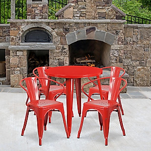 Flash Furniture Commercial Grade 30" Round Red Metal Indoor-Outdoor Table Set with 4 Arm Chairs