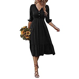 OYOANGLE Women's Swiss Dot Lace Fake Button 3/4 Lantern Sleeve Ruffle Hem V Neck A Line Flowy Midi Dress Black M
