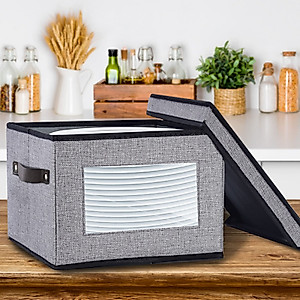 YheenLf 3 Sets China Storage Containers With Lid and Handles, Dinnerware Storage Box for Dishes Plate Storage Containers with 30 Felt Dividers, Hold 30 Plates, 12 x 12 x 8 inches, Grey