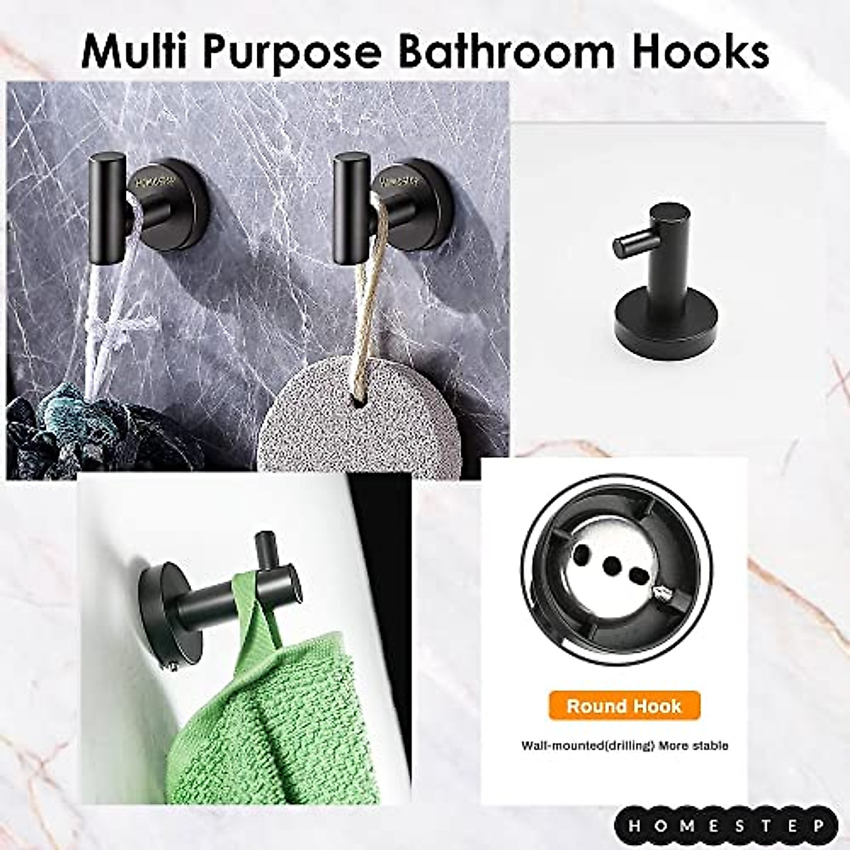 Homestep 5 pcs Bathroom Hardware Set, Stainless Steel Round Wall Mounted Include 20" Bath Towel Bar ,Toilet Paper Holder , Hand Towel Ring , 2 Towel Robe Hooks ,Bathroom Accessories Kit (Matte Black)
