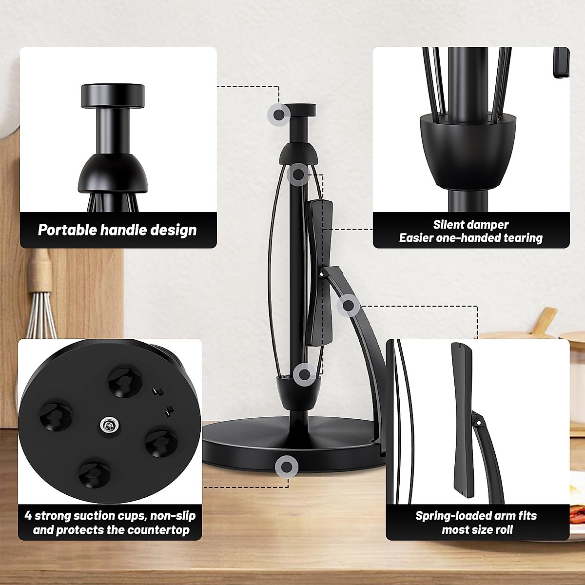 VEHHE Paper Towel Holder Countertop, Black Paper Towel Holder with Spring Activated Arm and Silent Damping Effect, Simply Tear Paper Towel Stand for Bathroom and Kitchen (Black)