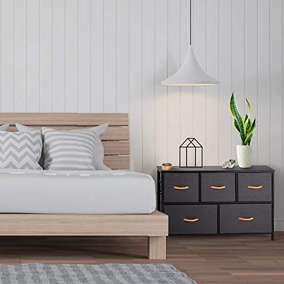 ROMOON Dresser Organizer with 5 Drawers, Fabric Storage Drawer Unit, Dresser Tower for Bedroom, Hallway, Entryway, Closets, Nursery - Wide Dark Gray