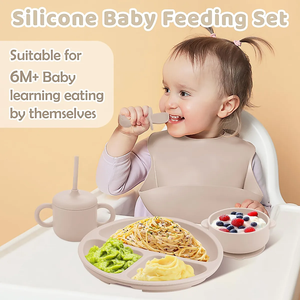 Bufims Silicone Baby Feeding Set, Baby Led Weaning Supplies, Eating Essentials Utensils with Suction Plate and Bowl, Pocket Bib, Sippy Cup with Lid, Forks Spoons Snack Container, for 6+ Months, Beige