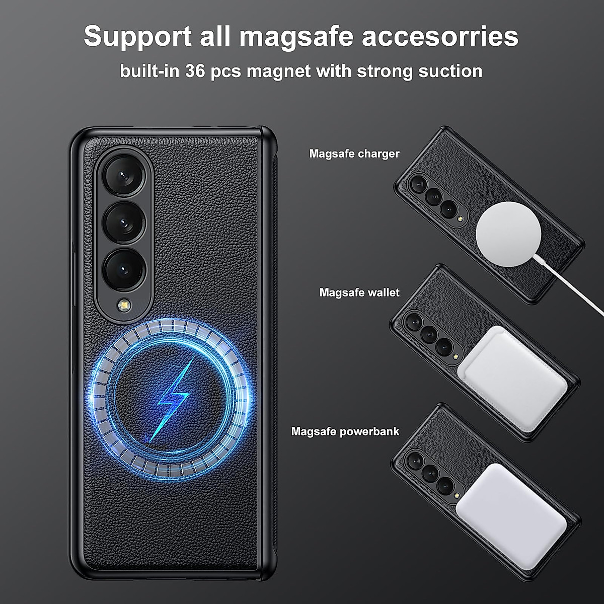 Libeagle Compatible with Samsung Galaxy Z Fold 3 Case, Support All Magsafe Accessories, Leather on Back, Hinge Protection, Built-in Screen Protector, Magnetic Cover 5G 2021, Black