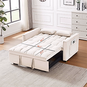 Merax 55.11" Modern 3 in 1 Velvet Convertible Sleeper Sofa Bed,Small Love Seat Lounge Sofa w/Reclining Backrest,Toss Pillows,Pockets,Loveseat Futon Sofa Couch Pullout Bed for Living Room,Beige