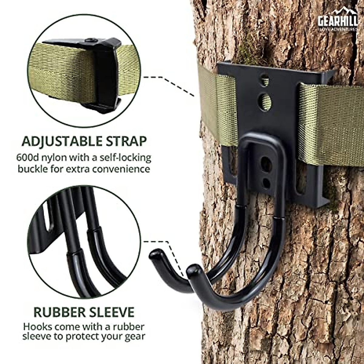 GearHill Tree Stand Gear Hanger, Comes with 3 Strong and Durable Double Hooks, with Sturdy Thick Tie Down Straps, with A Self-Locking Metal Cam Buckle, Tree Stand Hooks