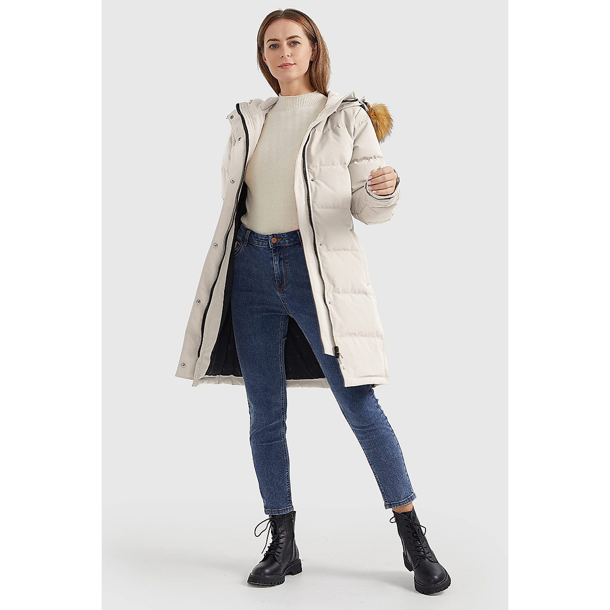 Orolay Women's Thickened Down Coat with Adjustable Hood Warm Winter Jacket Beige