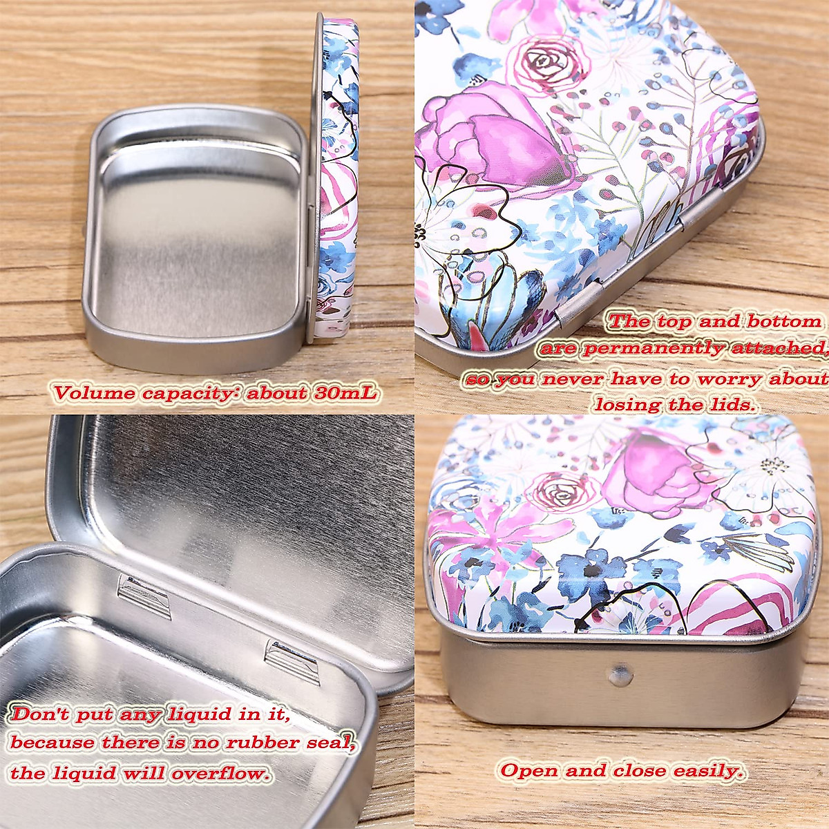 Mini Skater Small Metal Portable Storage Box, Mini Rectangle Empty Hinged Tins with Lid, Home Organizer for Drawing Pin, Pills, Candies, Earring and Jewelry Craft, 4Pcs (Floral)