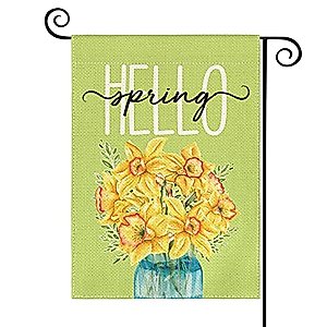 AVOIN colorlife Hello Spring Daffodil Garden Flag 12x18 Inch Double Sided Outside, Floral Mason Jar Seasonal Yard Outdoor Flag
