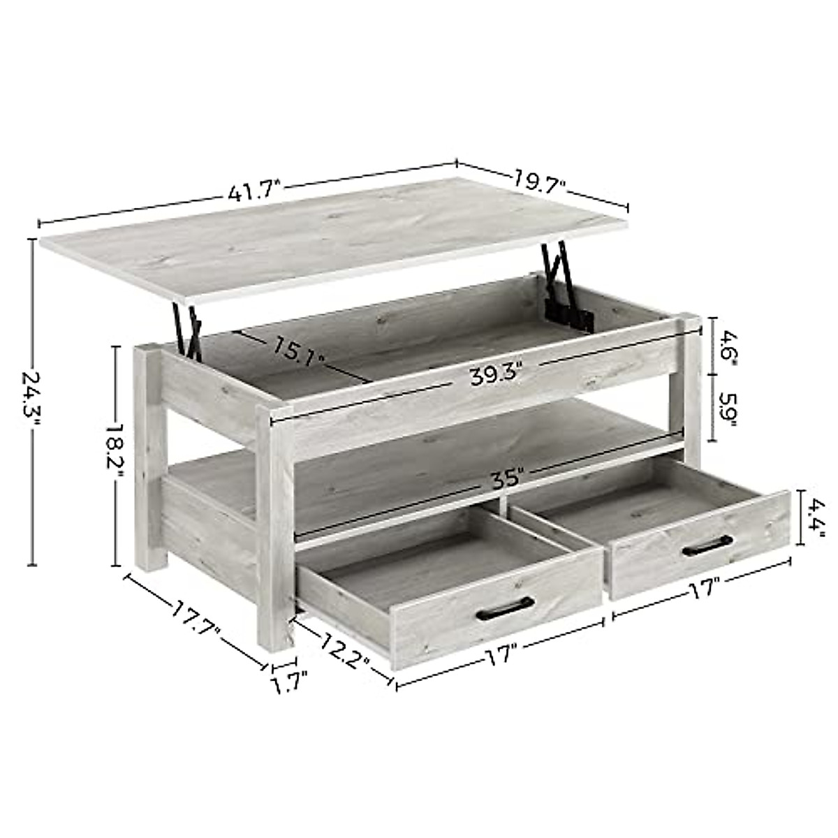 Rolanstar Coffee Table, Lift Top Coffee Table with Drawers and Hidden Compartment, Retro Central Table with Wooden Lift Tabletop, for Living Room,Grey