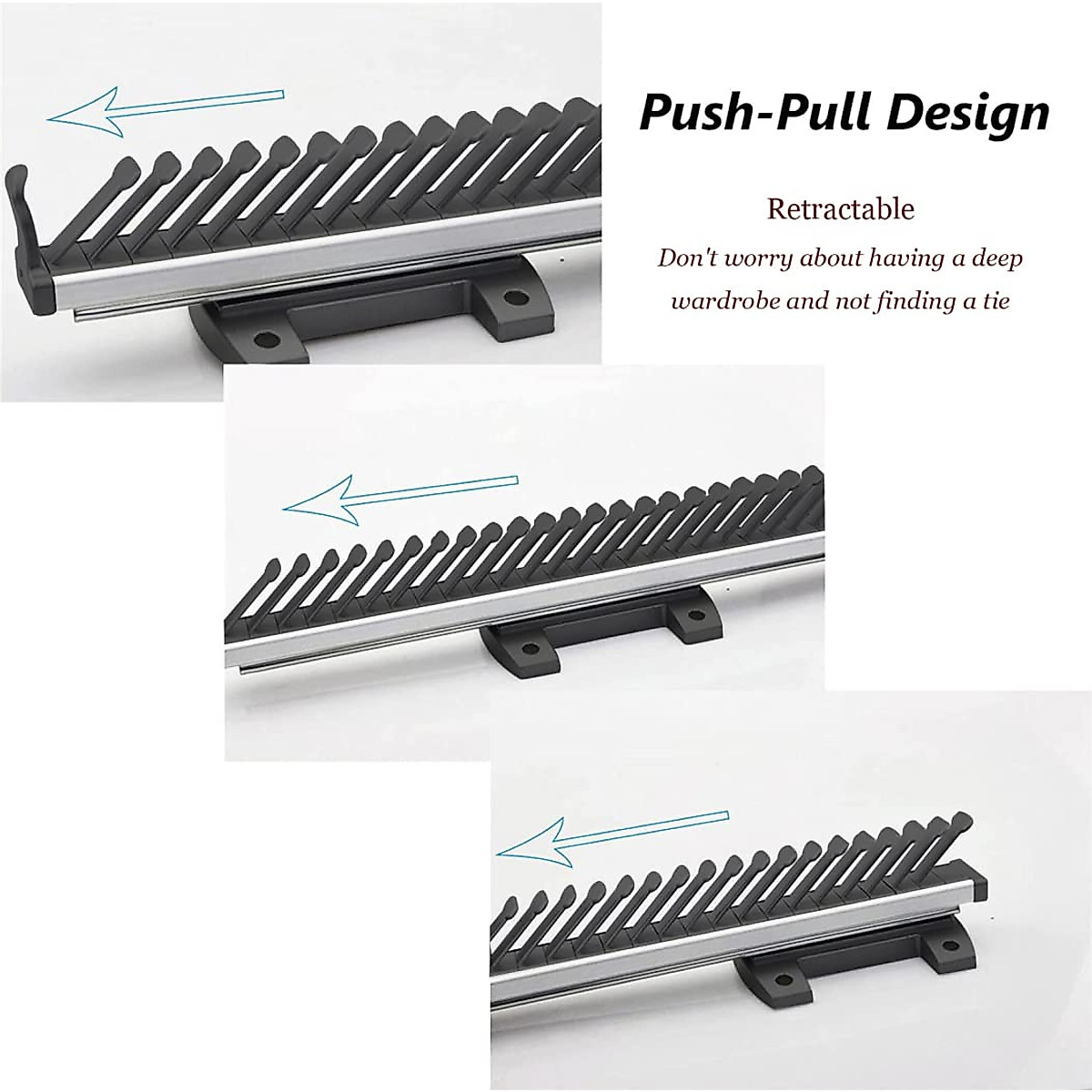 AIYIOUWE Sliding Closet 28 Tie Hanger Extendable Lateral Tie Rack Pull-Out Scarf Belt Storage Display Rail Organizer for Wardrobe, with 28 Hooks for Ties Scarves Belts Side Mount