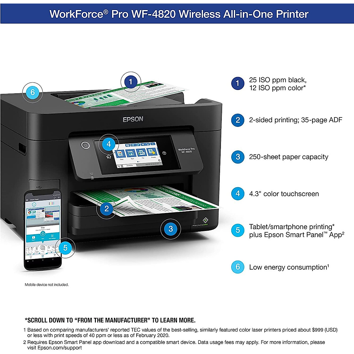 Epson Workforce Pro WF-4820 Wireless All-in-One Color Inkjet Printer, Black - Print Scan Copy Fax - 4.3" Touchscreen, 25 ppm, 4800 x 2400 dpi, Auto 2-Sided Printing, 35-Sheet ADF, Ethernet