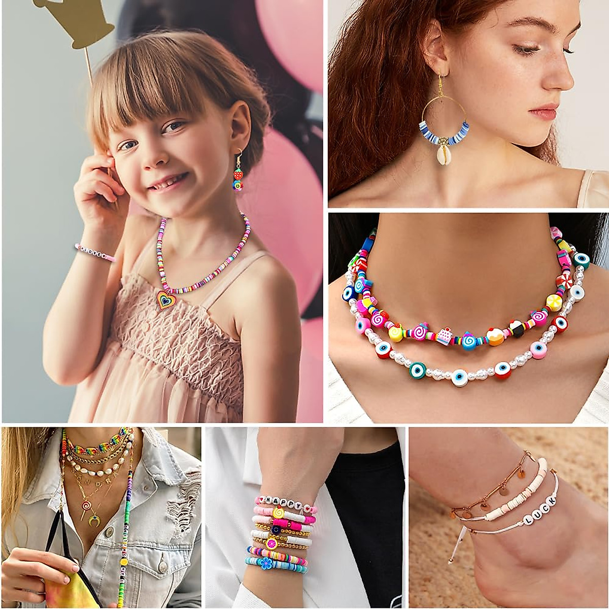 JOICEE 480PCS Fruit Flower Polymer Clay Beads, 24 Style Cute Smiley Heart Mushroom Clay Beads Charms for Jewelry Necklace Earring Making, DIY Bracelet Making Kit Accessories for Women Girls