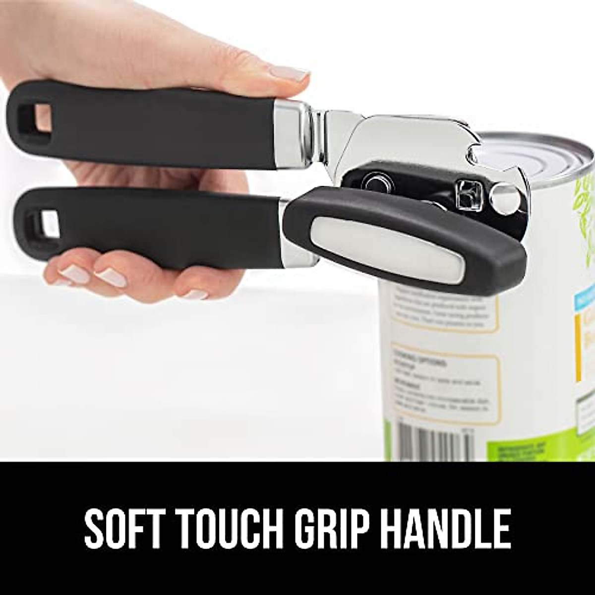Gorilla Grip Heavy Duty Stainless Steel Smooth Edge Manual Hand Held Can Opener With Soft Touch Handle, Rust Proof Oversized Handheld Easy Turn Knob, Best Large Lid Openers for Kitchen, Black