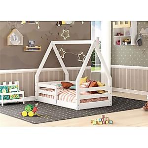 Pemberly Row 32" x 56" Modern Solid Wood Toddler Bed with Slat Kit, Safety Guardrails, Easy and Free Access to Bed, for Kid Bedroom, in White Finish