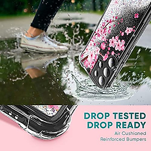 Miss Arts for Samsung Galaxy S23 Ultra Case, Girls Women Flowing Liquid Holographic Holo Glitter Shock Proof Case with Floral Design Bling Bumper for Samsung Galaxy S23 Ultra 5G- Cherry Blossom