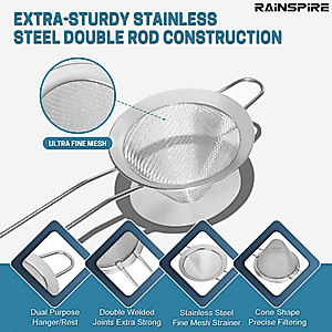 Rainspire Stainless Steel Small Strainer Fine Mesh Strainer, Mini Cocktail Strainer For Cocktails Tea Herbs Coffee & Drinks, Tea Strainer with Handle, Rust Proof, Silver