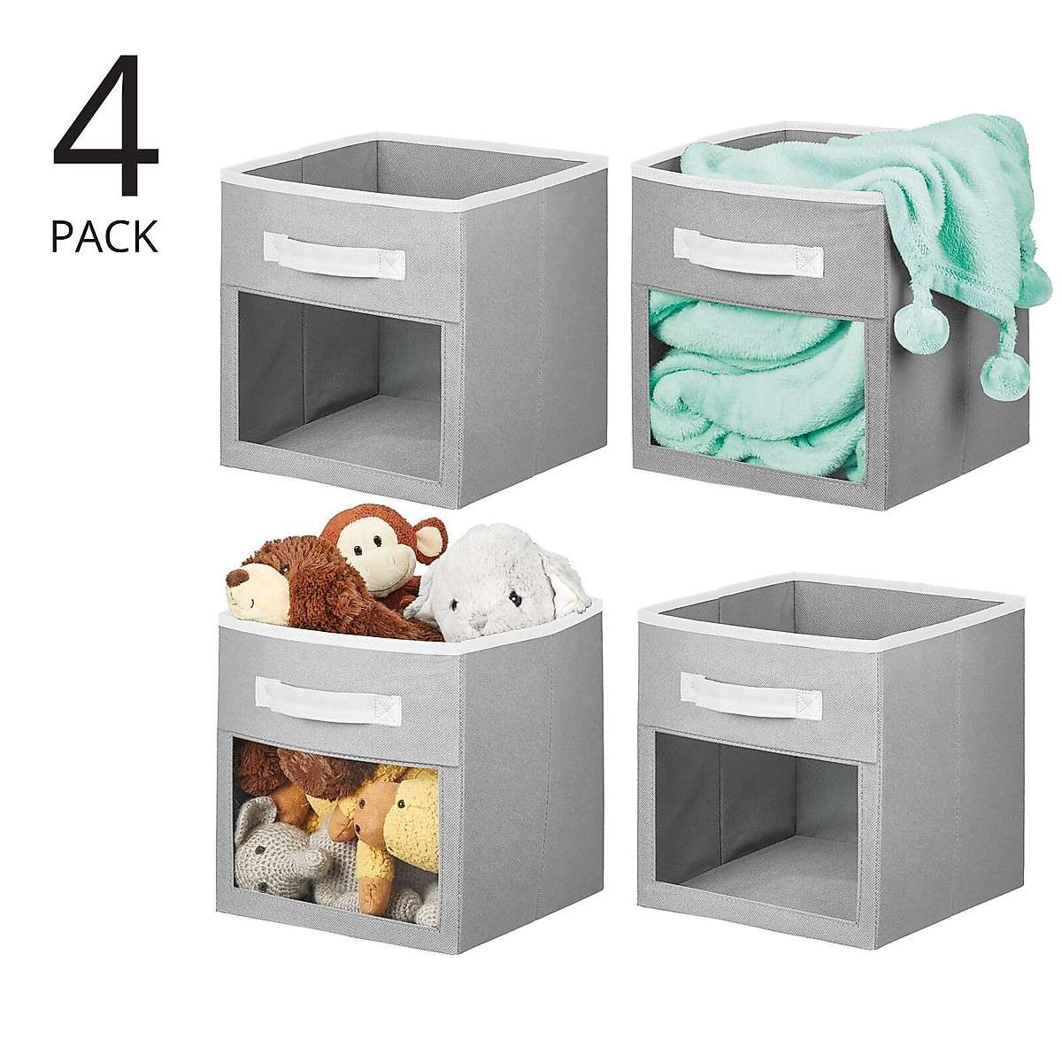 mDesign Fabric Nursery/Playroom Closet Storage Organizer Bin Box with Front Handle/Window for Cube Furniture Shelving Units, Hold Toys, Clothes, Diapers, Bibs, Jane Collection, 4 Pack - Gray/White
