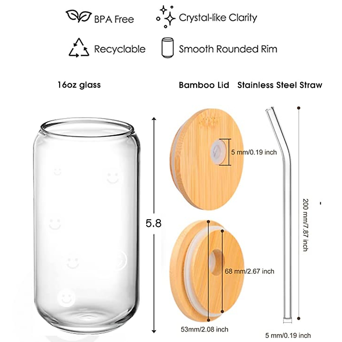 Smiley Face Glass Cups with Lids and Straws- Tumbler with Lid and Straw- 16 oz Iced Coffee Cup w/Bamboo Lid Stainless Streel Straw- Beer Can Shaped Drinking Glasses- Cute Cups- Gift for Women