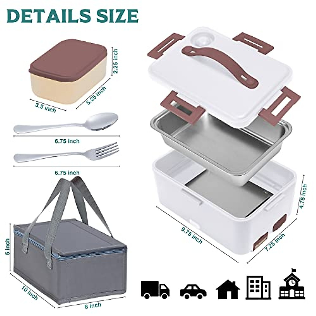 Suewow Electric Lunch Box 80W Food Heater 1.8L Portable Leak proof Self Heating Lunch Box 12V 24V 110V Faster Heated Lunch Boxes for Car/Truck/Home Self Heating Box 304 Stainless Steel Container