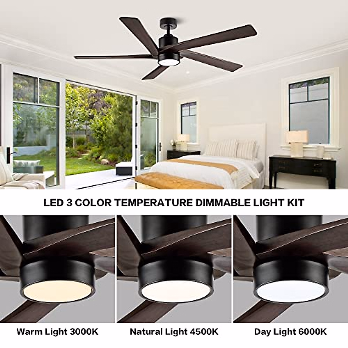 WINGBO 54 Inch DC Ceiling Fan with Lights and Remote Control, 5 Reversible Carved Wood Blades, 6-Speed Noiseless DC Motor, Modern Ceiling Fan in Matte Black Finish with Walnut Blades, ETL Listed