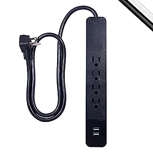 GE, Black, Power Strip Surge Protector, Charger, 4 Outlets, 2 USB Ports, Fast Charge, Flat Plug, Long Cord, 3ft, 37053, 3 Ft