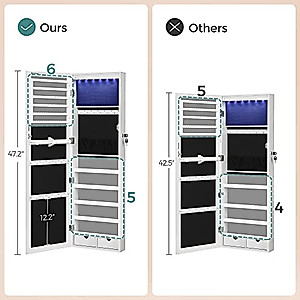SONGMICS 6 LEDs Mirror Jewelry Cabinet, 47.2-Inch Tall Lockable Wall or Door Mounted Jewelry Armoire Organizer with Mirror, 2 Drawers, White UJJC93W