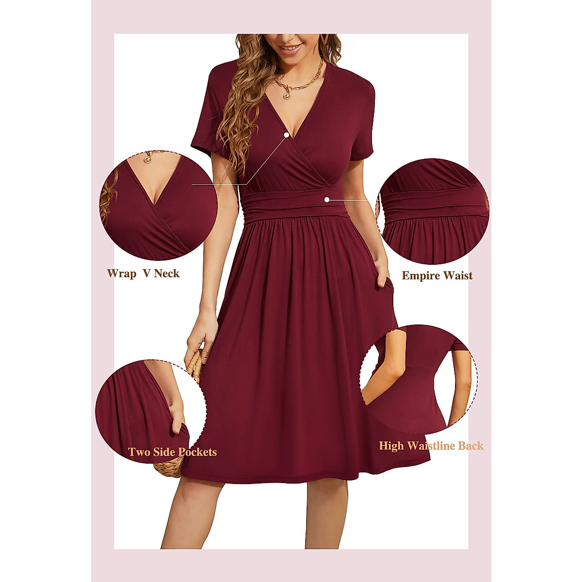 WEACZZY Women Summer Casual Short Sleeve Dresses Empire Waist Dress with Pockets,White Dot Red,S