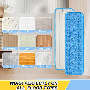 18 inch Reusable Mop Pads Microfiber Spray Mop Replacement Heads for Wet/Dry Mops Compatible with Bona Floor Care System (5 Pack)