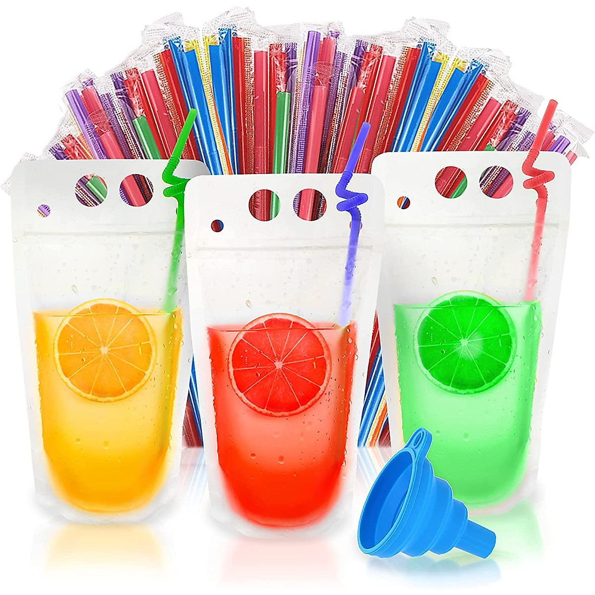 UTILE Clear 100 PCS Drink Pouches 12 oz for Adults and Kids with Individually Wrapped Straws, Reclosable Zipper Smoothie Juice pouches – Hand Held Translucent Bag Funnel Included