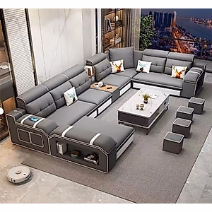 ALKKAR Modern Fabric U-Shaped Sofa Multifunctional Corner Sofa Combination Living Room Furniture Sofa Set with USB Connection, Modern Gray Leather Sectional Sofa Set for Living Room, Home Office