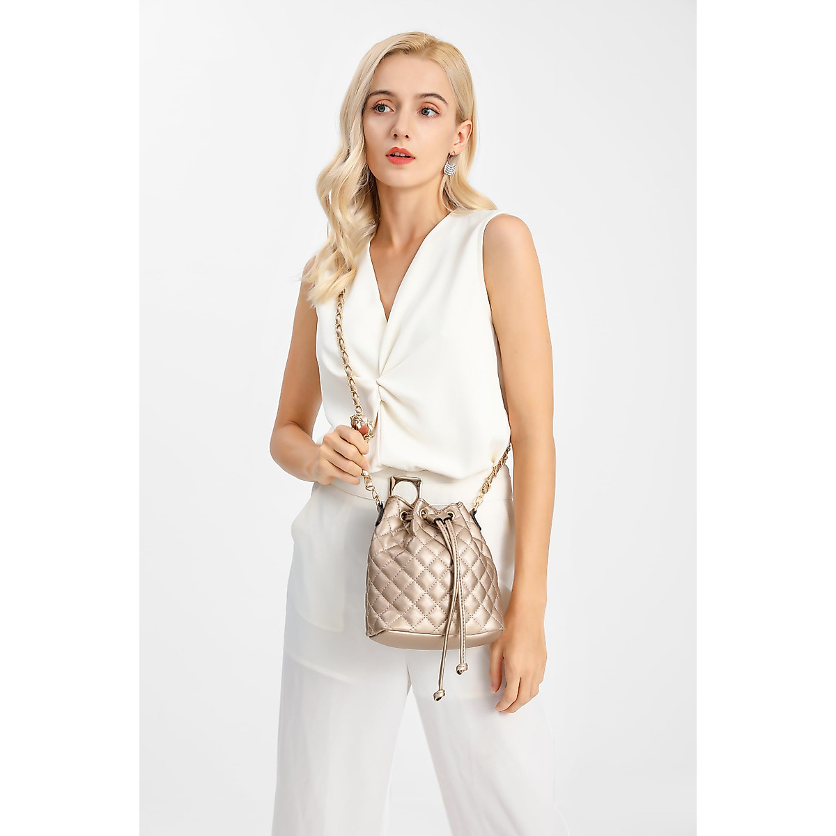 Tepilte Quilted Tote Bag for Women Croseebody Handbags Solid Color Satchel Handbags with Metal Shoulder Strap(Champagne)