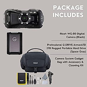 Ricoh WG-80 Digital Camera (Black) Bundle with 5 TB Portable Hard Drive, Gadget Bag with Accessory and Cleaning Kit (3 Items)