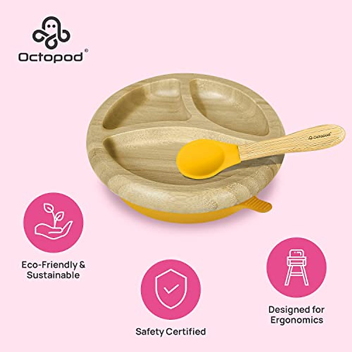 Abiie Octopod Bamboo Dish - Kids Plates for 4 months and up, 3-Compartment Baby Plates with Suction, Round Bamboo Baby Plate, Mess-Free Toddler Suction Plates, Baby Feeding Supplies, 7.5 x 7.5 x 1.9in