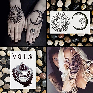 Oottati Waterproof 9 Sheets Back of Hand Fake Temporary Tattoo Stickers - Black Halloween Skull Horror Eye Devil Sun Moon Totem (Halloween)