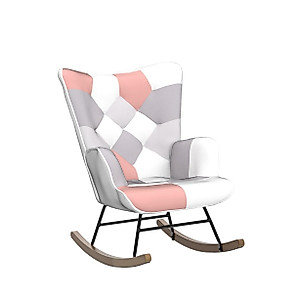 KGOPK Accent Rocking Chair, Mid Century Fabric Rocker Recliner Chairs with Wood Legs and Patchwork Linen for Livingroom Bedroom, Pink