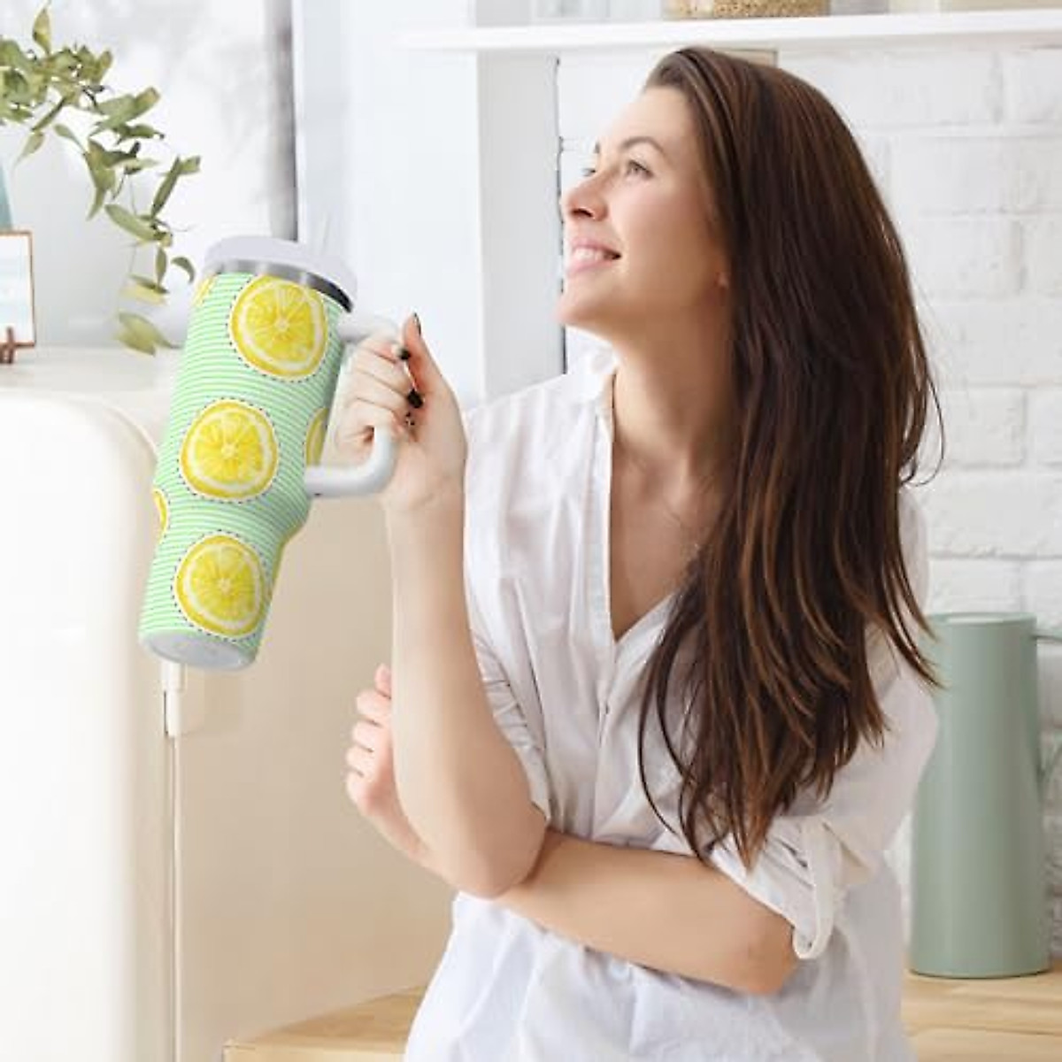 DIGTIA Stainless Steel Insulated Tumbler w/Handle & Straw, Lemons Yellow Double Wall Vacuum Travel Coffee Mug Cup w/Lid, Leak-Proof Sports Fruit Water Bottle,30oz