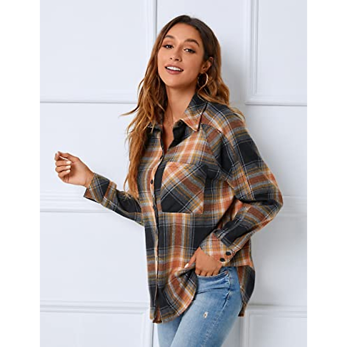Blooming Jelly Womens Long Sleeve Shirts Flannel Plaid Tops 2023 Button Down Casual Fall Outfits Shacket(Large, Plaid)